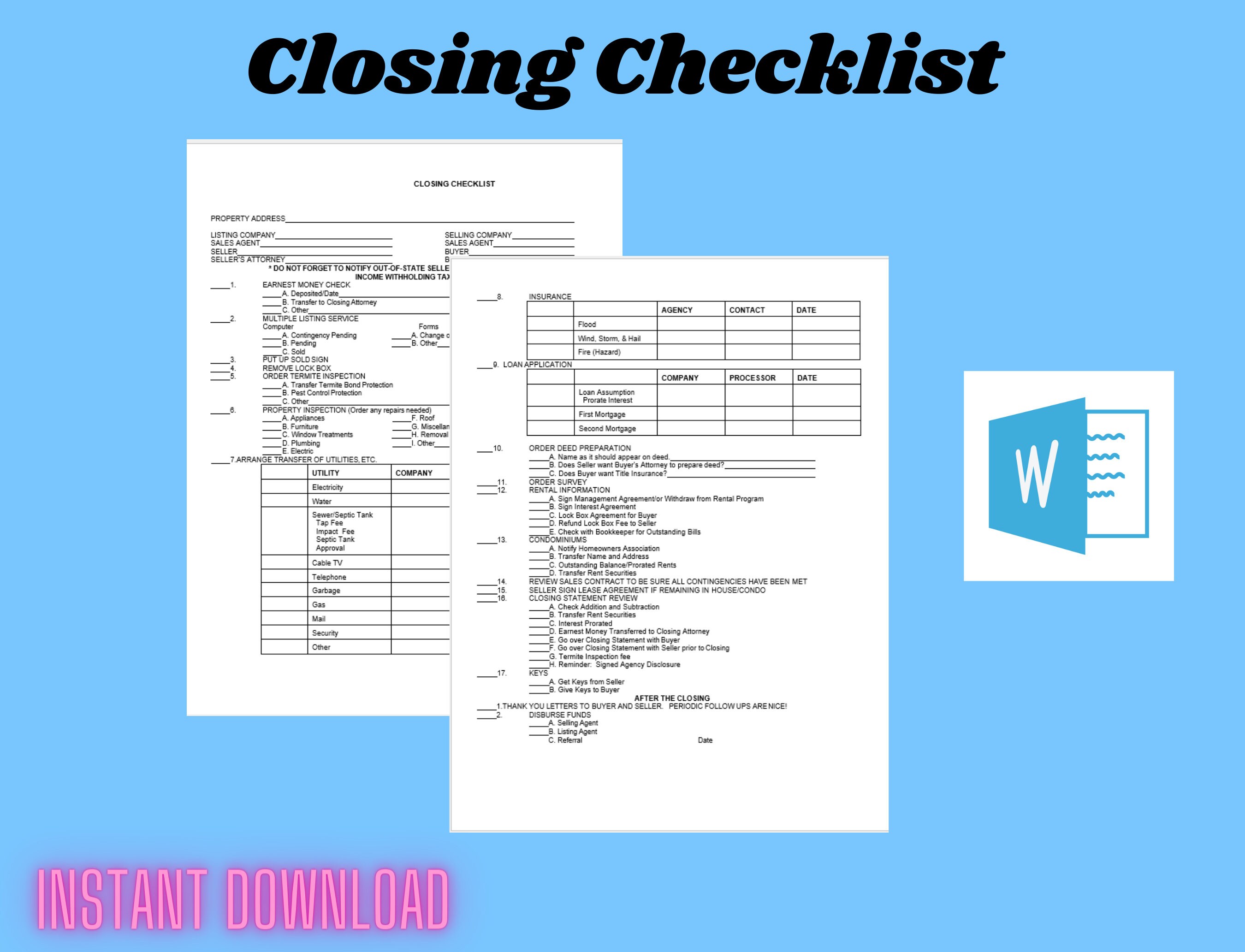 Closing Checklist, Real Estate Checklist, Propety Checklist, Land ...