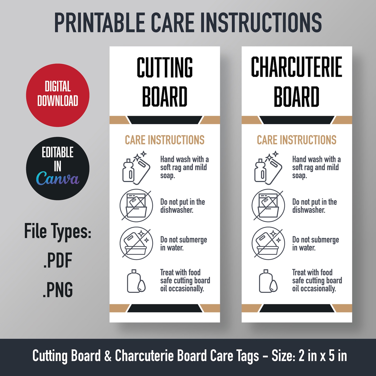 Printable Cutting Board & Charcuterie Board Care Tags - Digital ...
