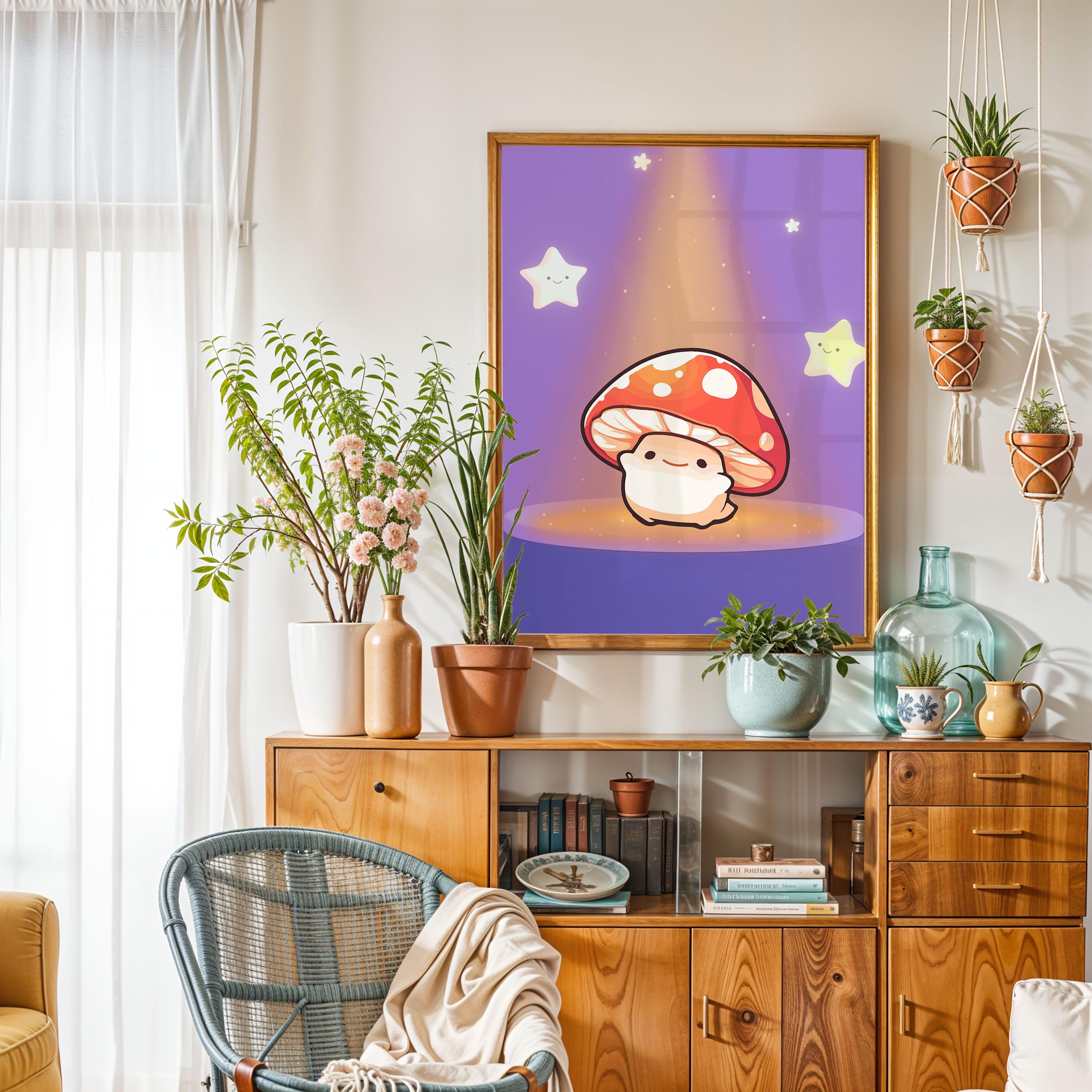 Kawaii Art Print, Downloadable Wall Art, Cute Mushroom Poster, Adorable ...