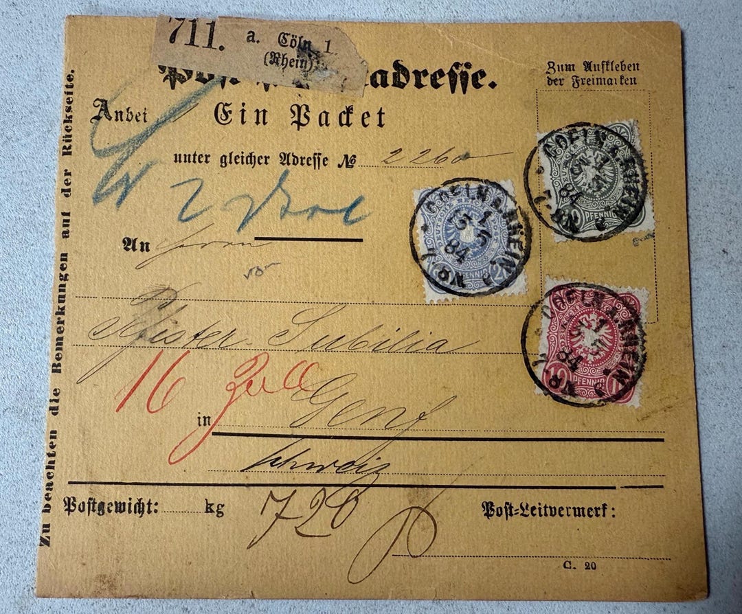 1890s Germany Parcel Card to Switzerland W/ Eagle Stamps 5pf 10pf 20pf ...