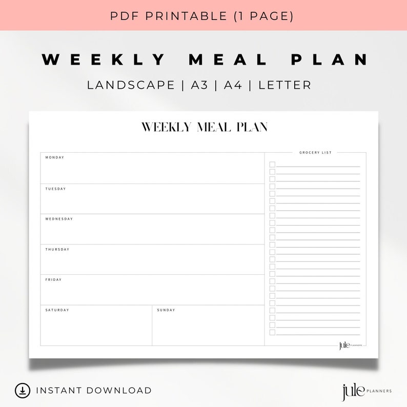 Weekly Meal Plan Printable Digital Landscape A3 A4 - Etsy