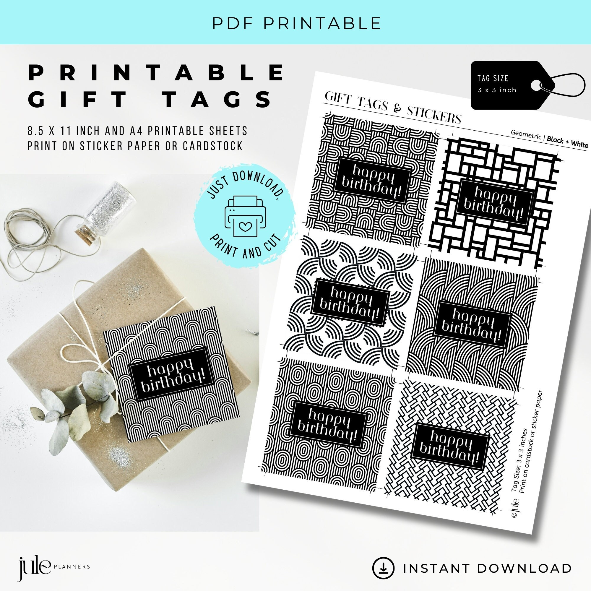 Printable Gift Tags and Stickers | Geometric Black + White | 12 Designs ...