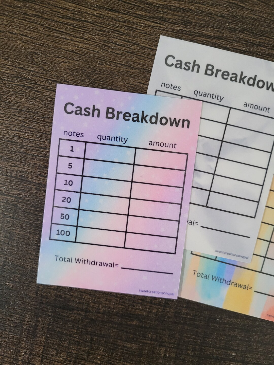 Cash Breakdown Card | Cash Withdrawal Card | Teller Card | Cash ...