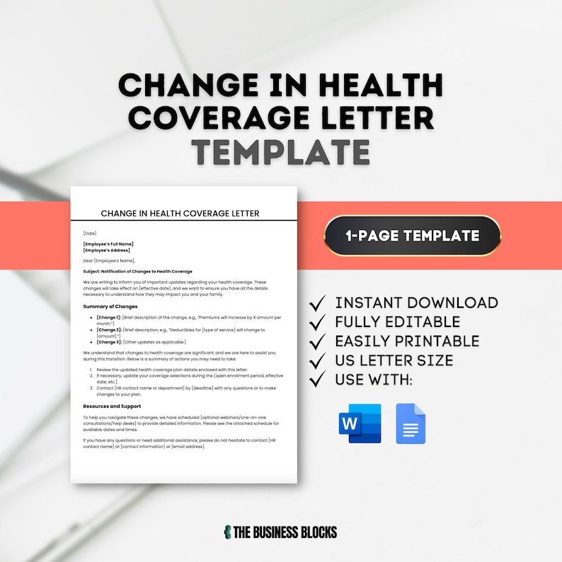 Health Coverage Change Letter Template (google Docs, MS Word) - Etsy
