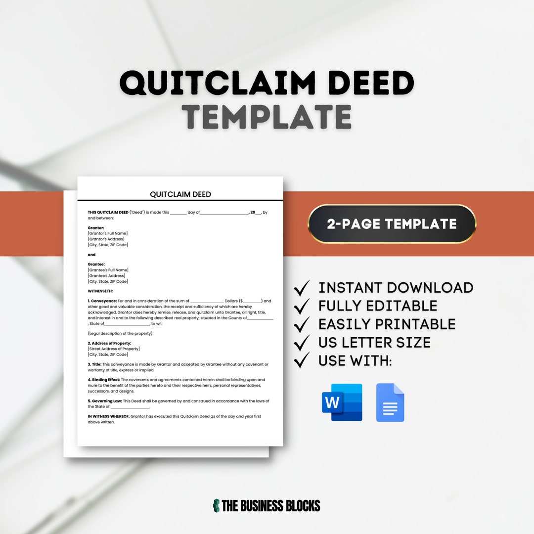 Quitclaim Deed Template: Editable Property Transfer (google Docs, MS Word) - Etsy