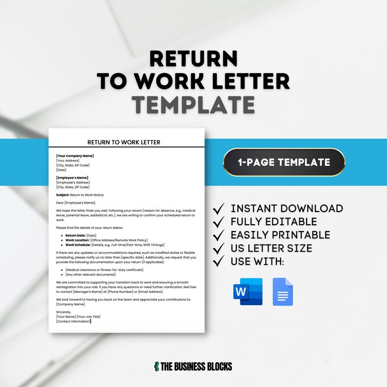 Return to Work Letter Template: Employee Onboarding (google Docs, MS ...