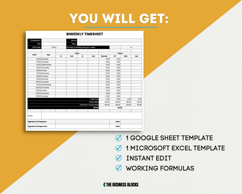 Employee Biweekly Timesheet: Excel & Google Sheets Template (digital ...