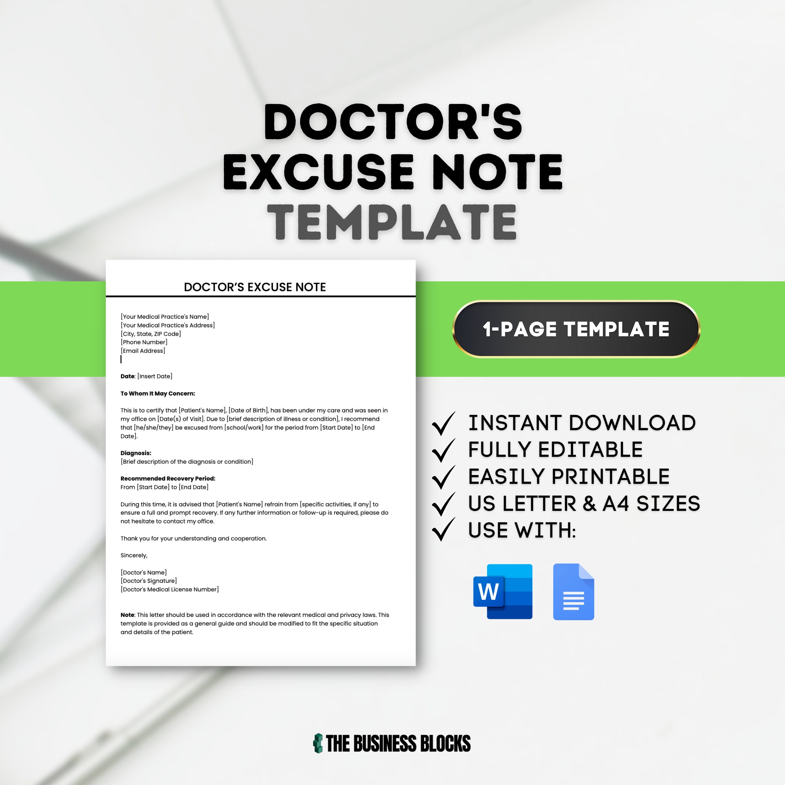 Doctor's Excuse Note Template Medical Excuse Note Doctor's Note for ...