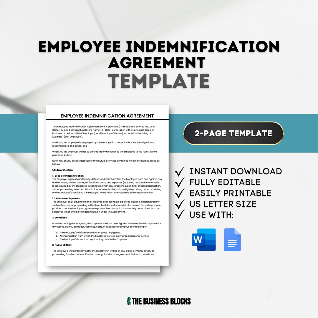 Employee Indemnification Agreement Template: Editable Legal Form (google Docs, MS Word) - Etsy