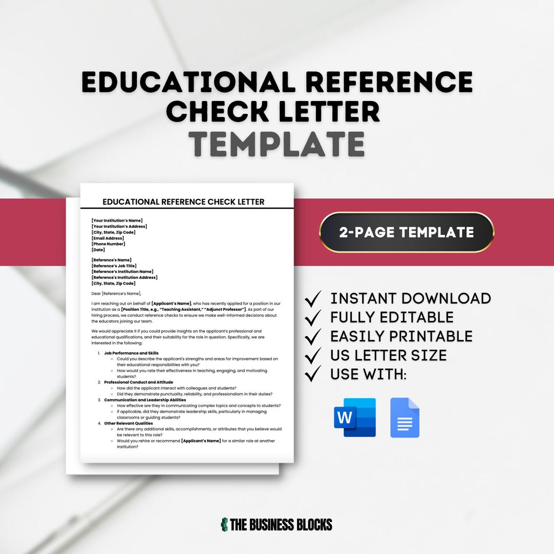Educational Reference Check Letter Template (google Docs, MS Word) - Etsy