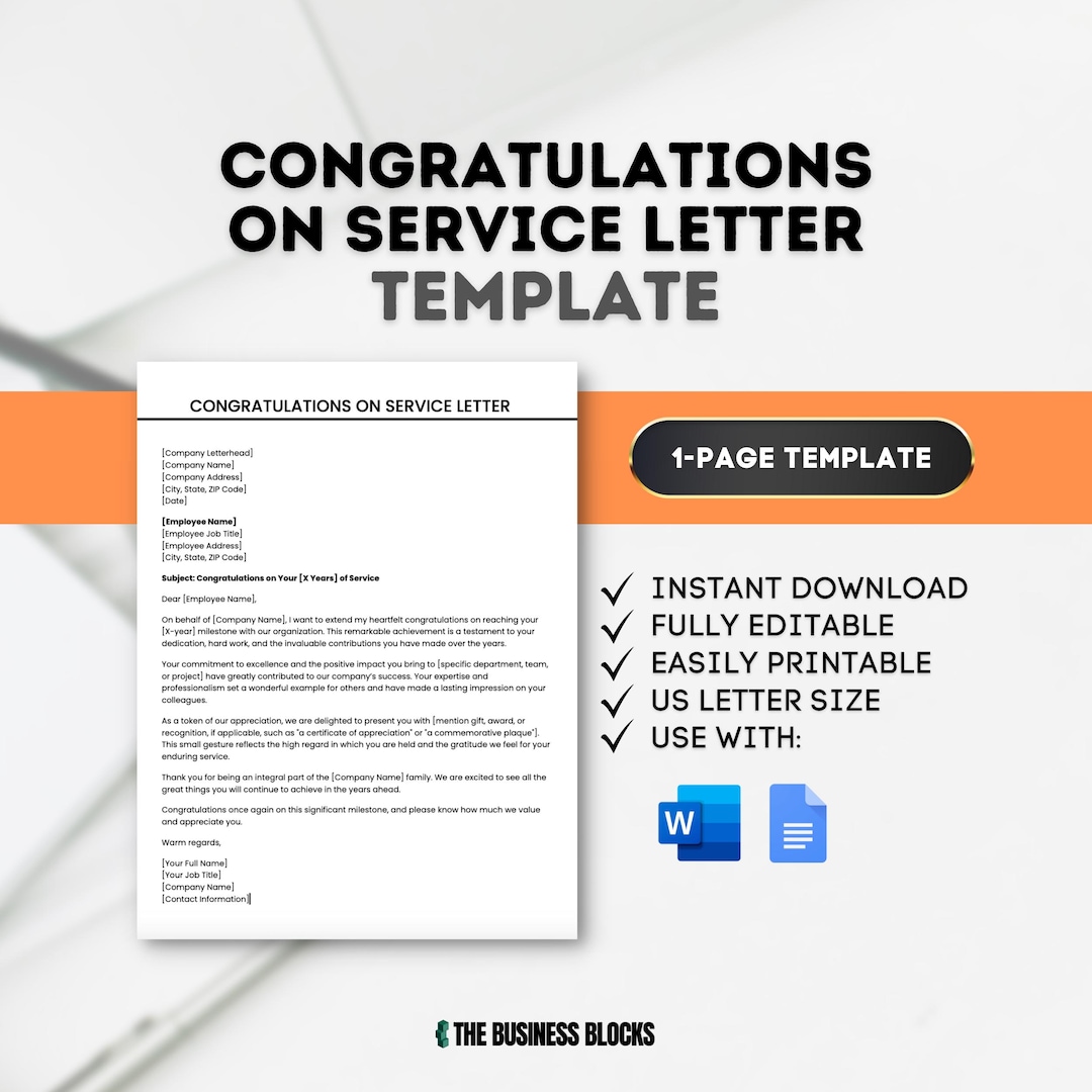 Employee Service Award Letter Template (google Docs, MS Word) - Etsy