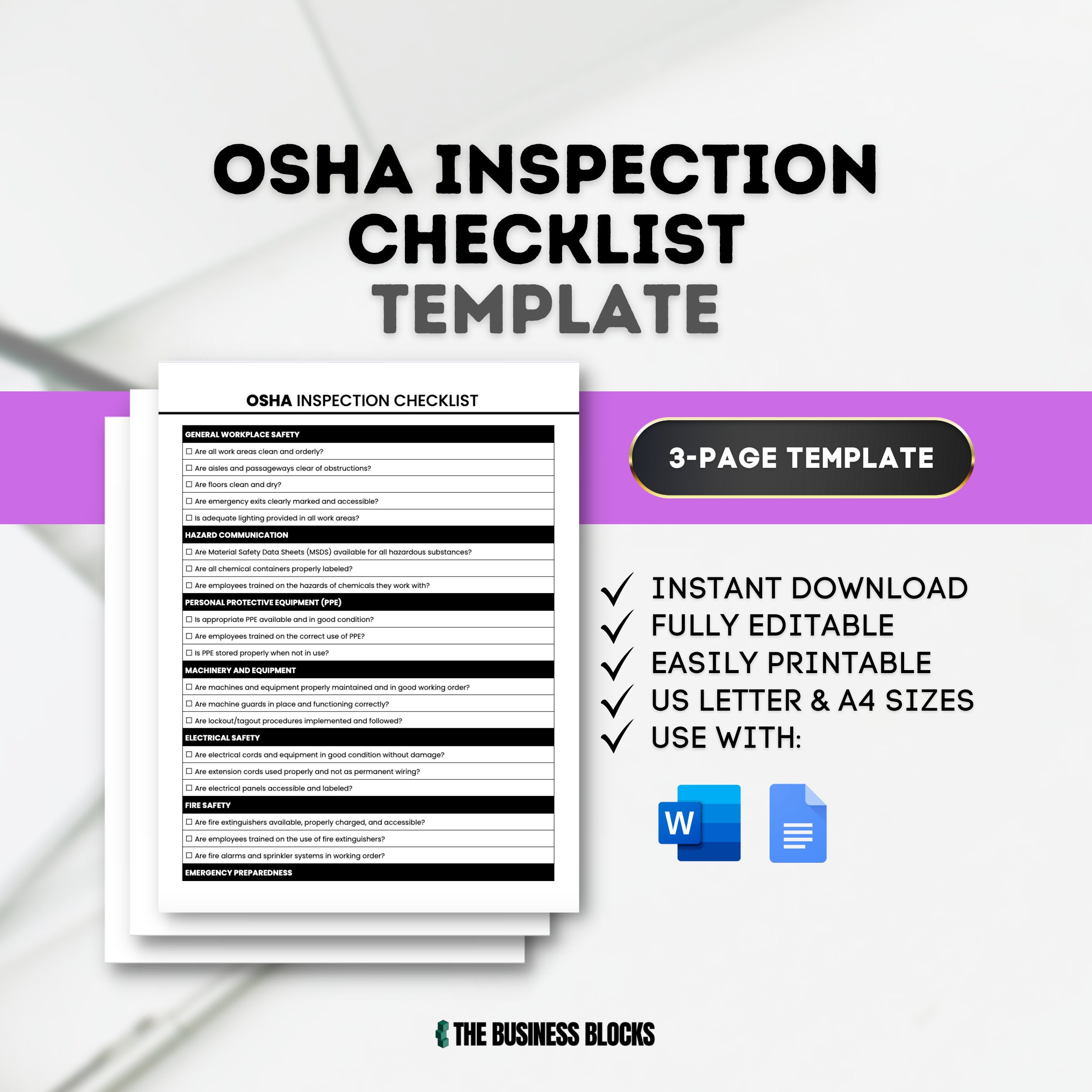OSHA Inspection Checklist Template O.S.H.A. Compliance Workplace Safety Inspection OSHA Safety ...