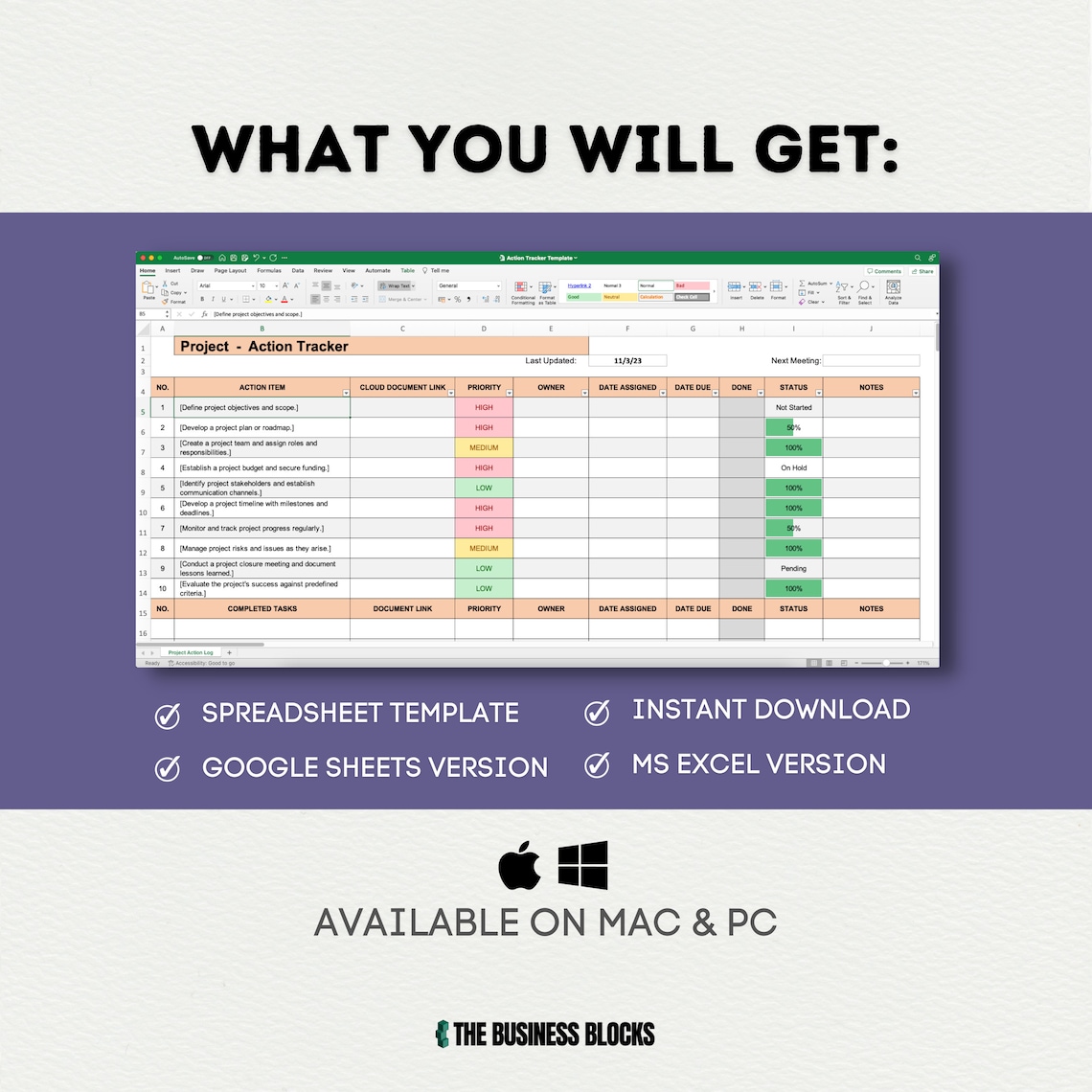 Project Action Tracker Template Project Management Spreadsheet Action ...