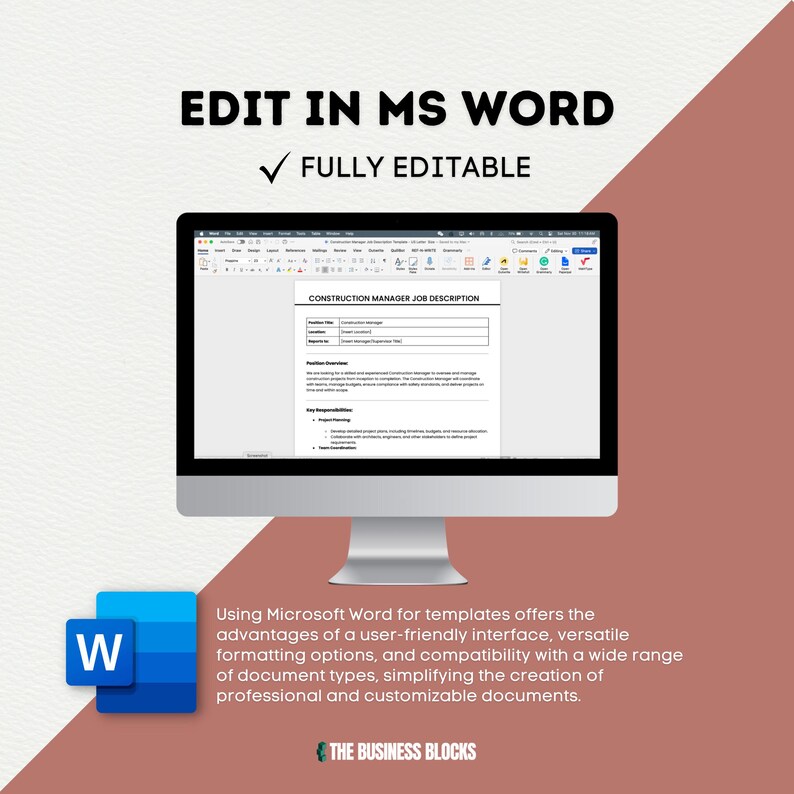 Construction Manager Job Description Template: Editable 2-page Document ...