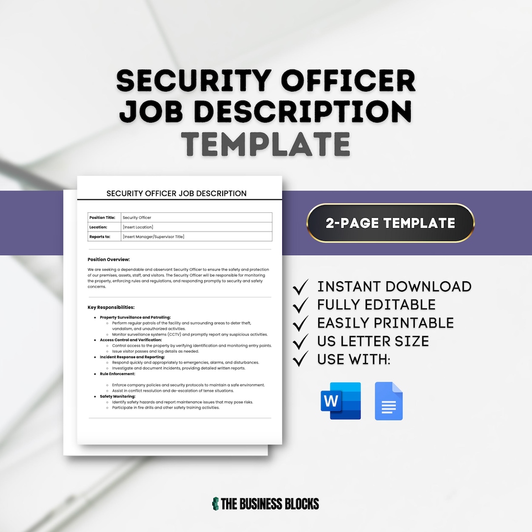 Security Officer Job Description Template (google Docs, MS Word) - Etsy