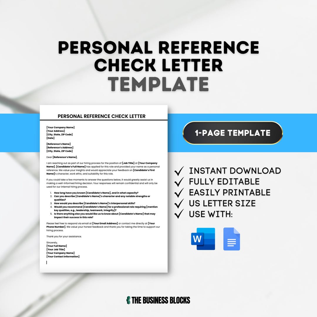 Personal Reference Check Letter Template (google Docs, MS Word) - Etsy