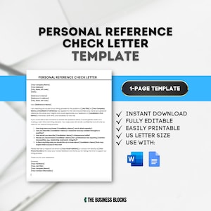 Personal Reference Check Letter Template (google Docs, MS Word) - Etsy