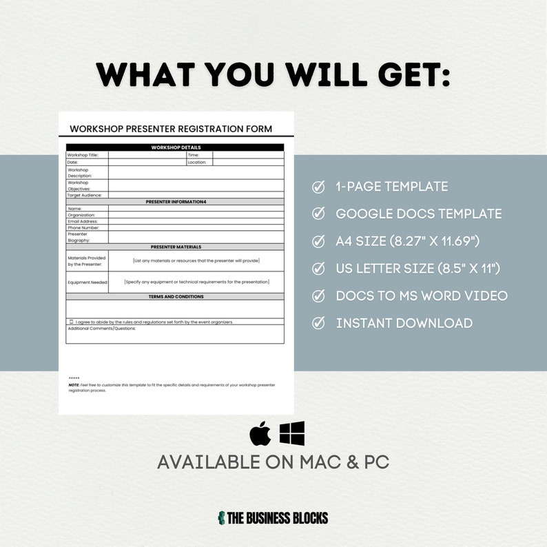 Workshop Presenter Registration Form Template (google Docs, MS Word) - Etsy