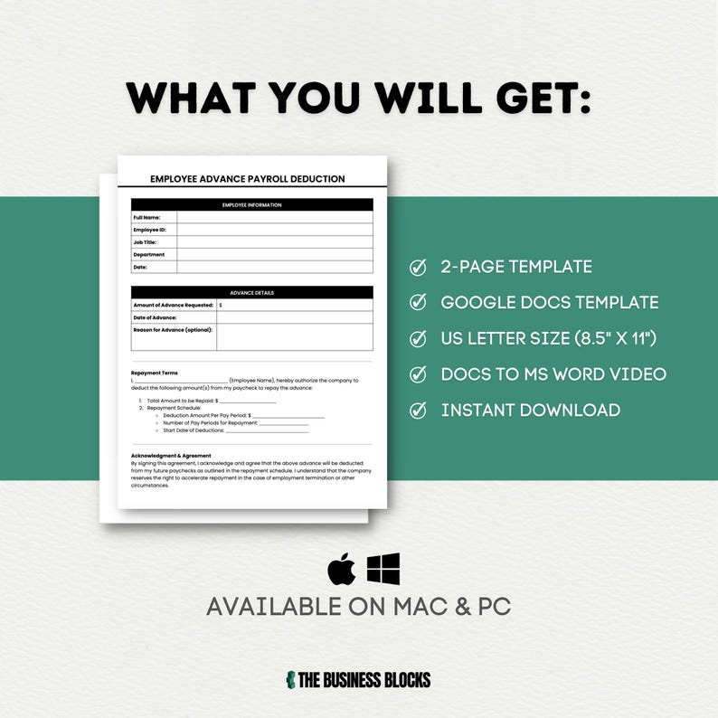 Employee Advance Payroll Deduction Template (google Docs, MS Word) - Etsy