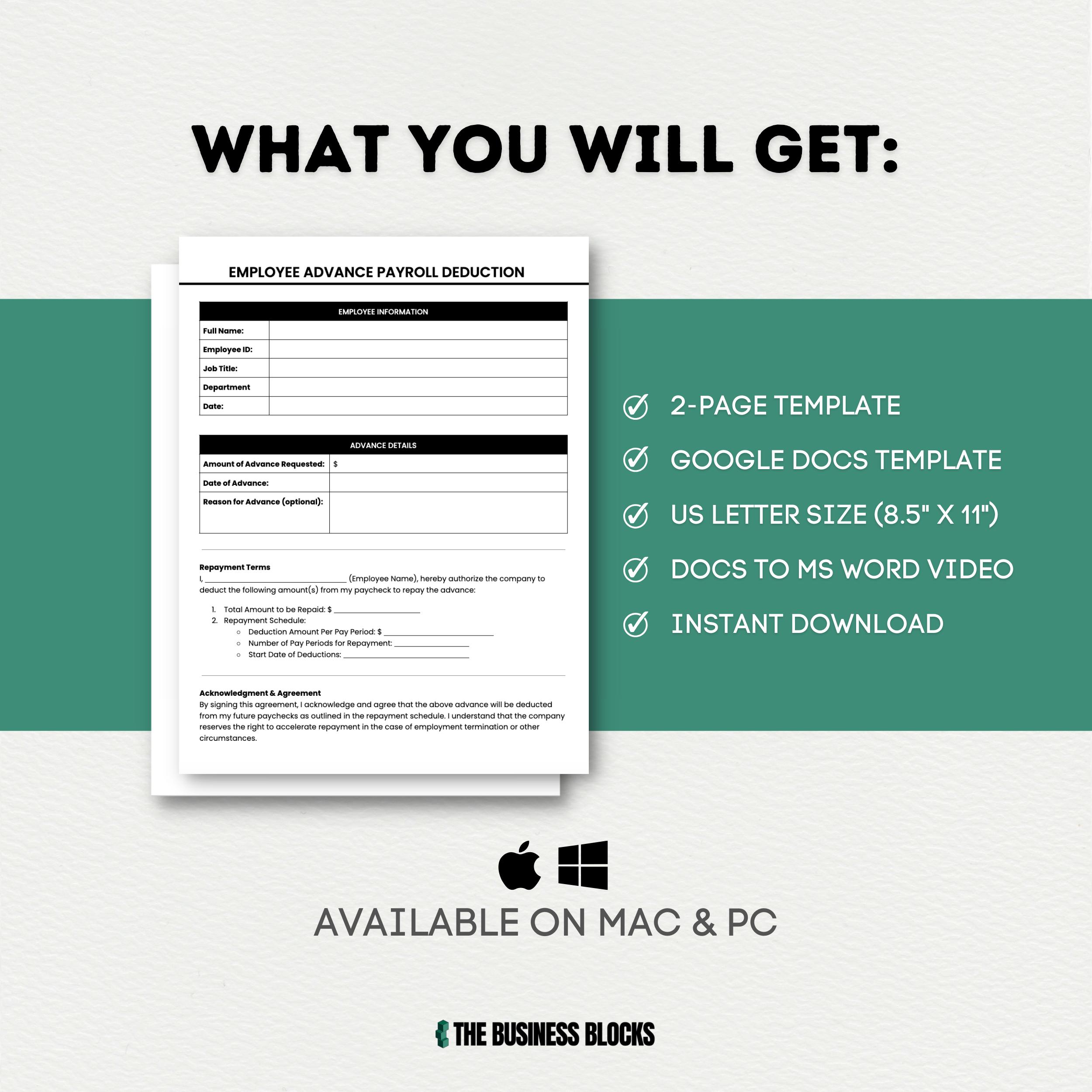 Employee Advance Payroll Deduction Template (google Docs, MS Word) - Etsy