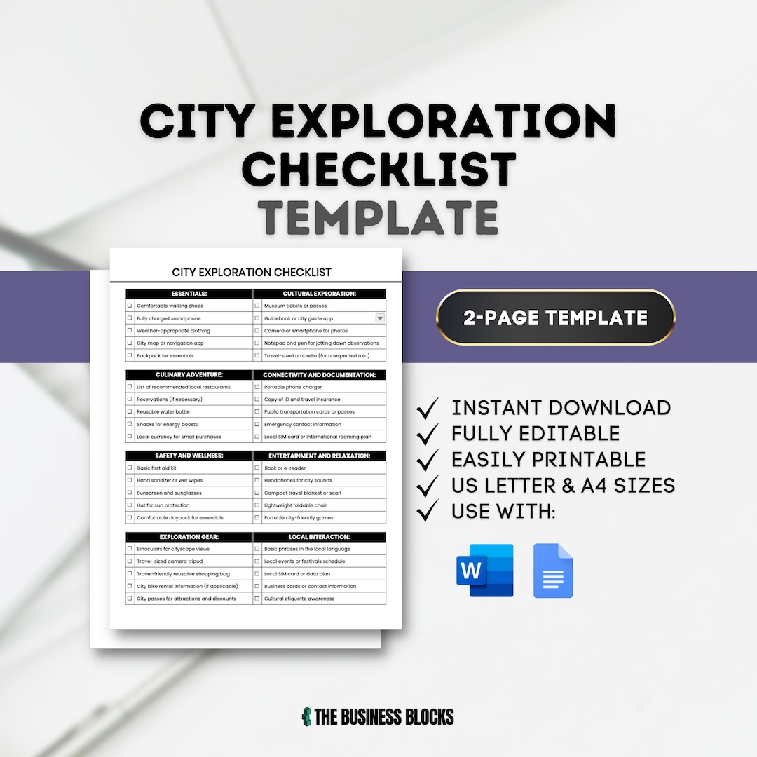 City Exploration Checklist Template Travel Itinerary Urban Adventure ...