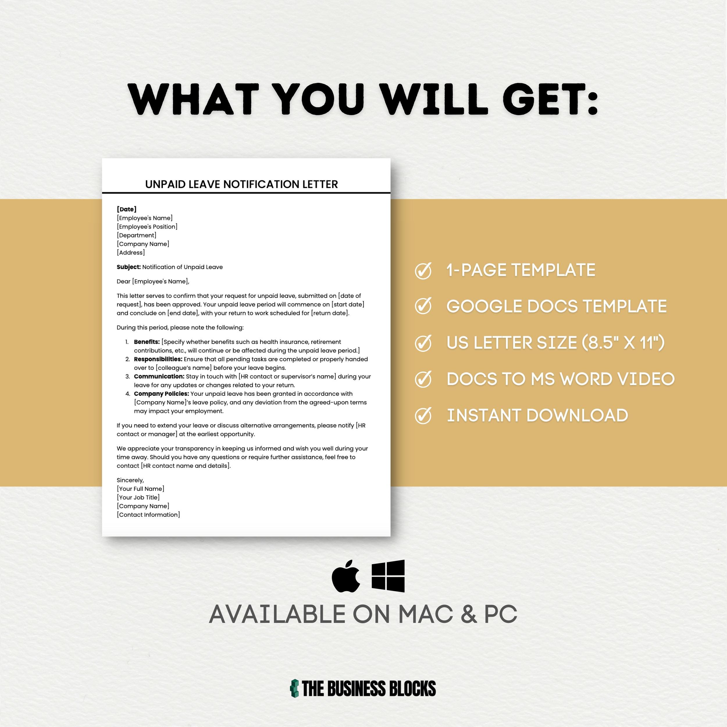 Unpaid Leave Notification Letter Template (google Docs, MS Word) - Etsy