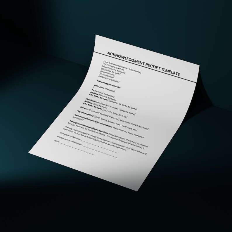 Acknowledgment Receipt Template: Small Business Sales, Instant Download ...