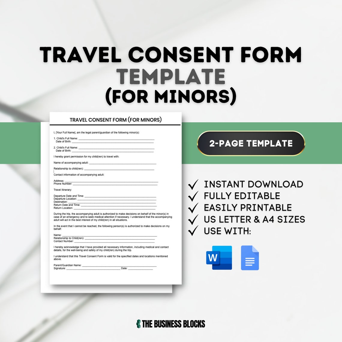 Child Travel Consent Form Template: Editable Minor Authorization ...