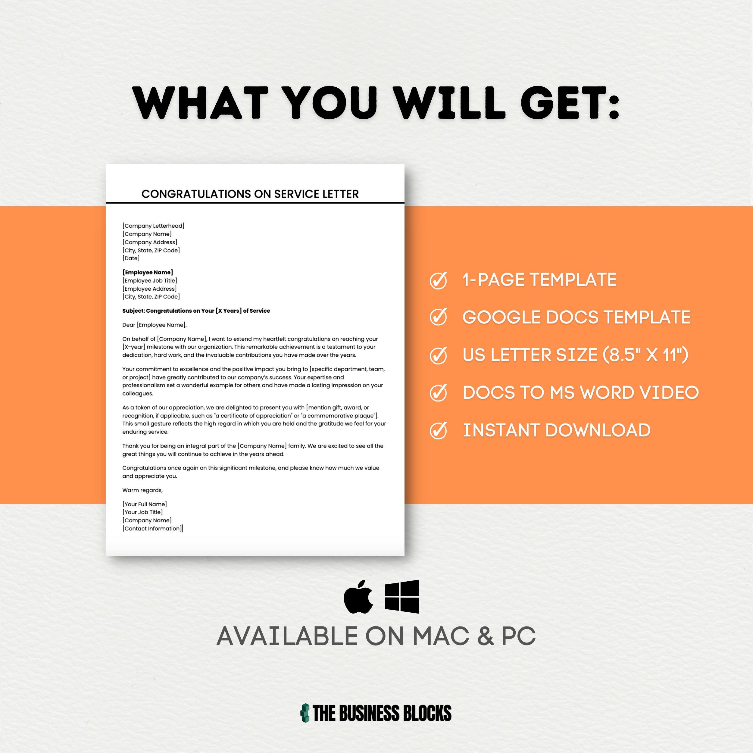 Employee Service Award Letter Template (google Docs, MS Word) - Etsy