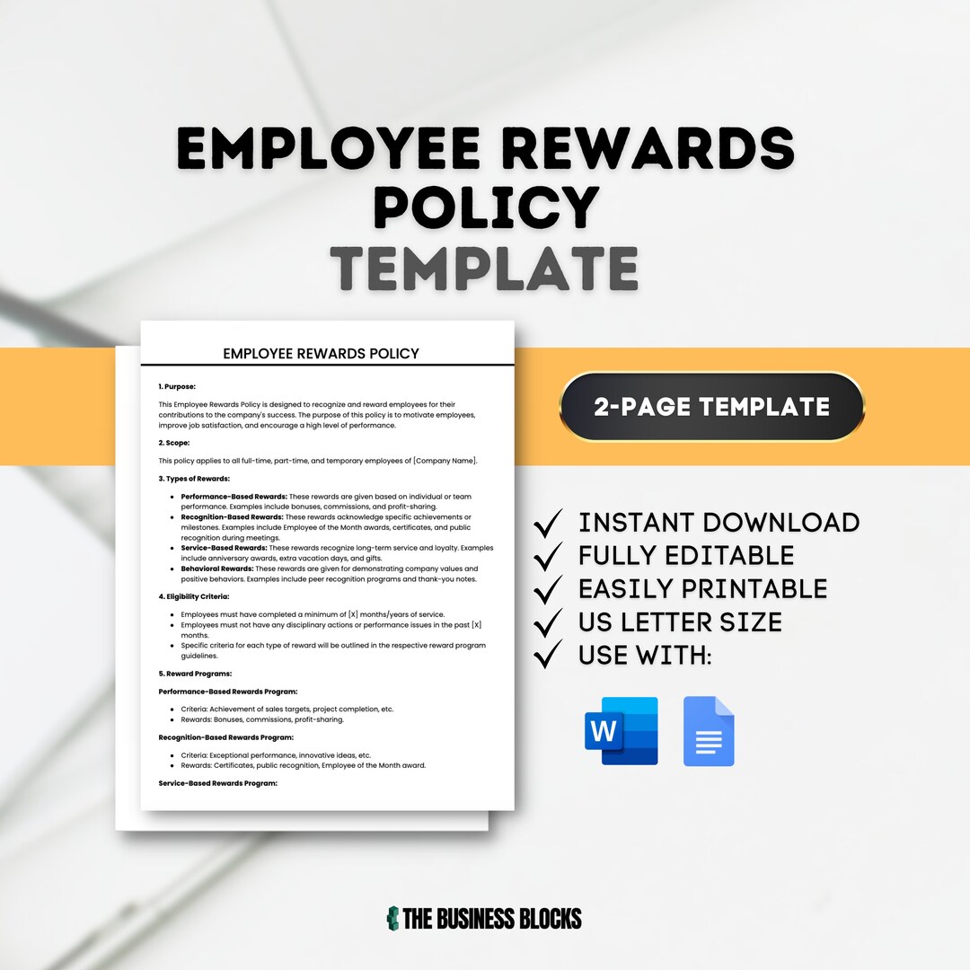 Employee Rewards Policy Template: Editable HR Document (google Docs, MS ...
