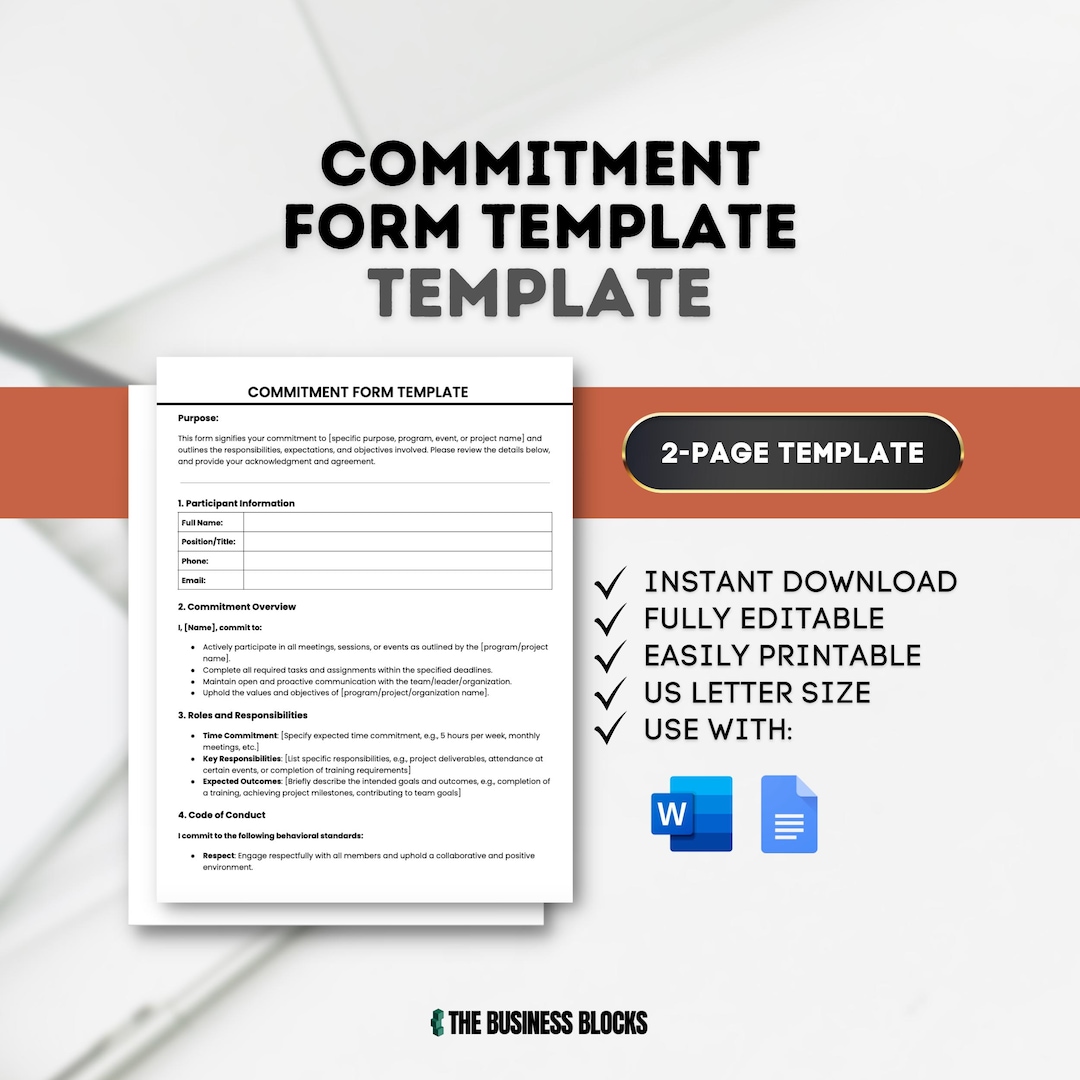 Commitment Form Template: Employee Pledge (google Docs, MS Word) - Etsy