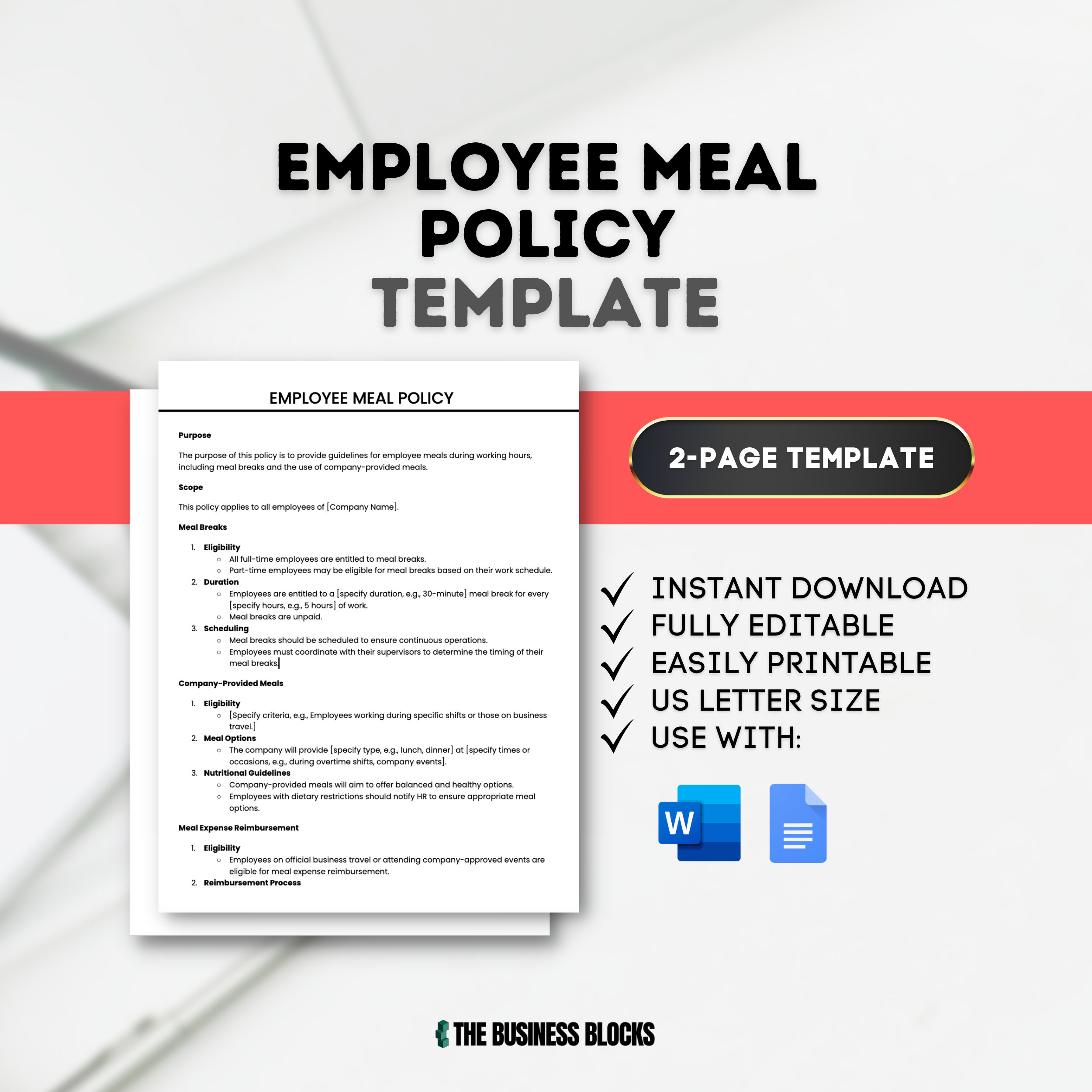 Employee Meal Policy Template: Editable HR Document (google Docs, MS ...