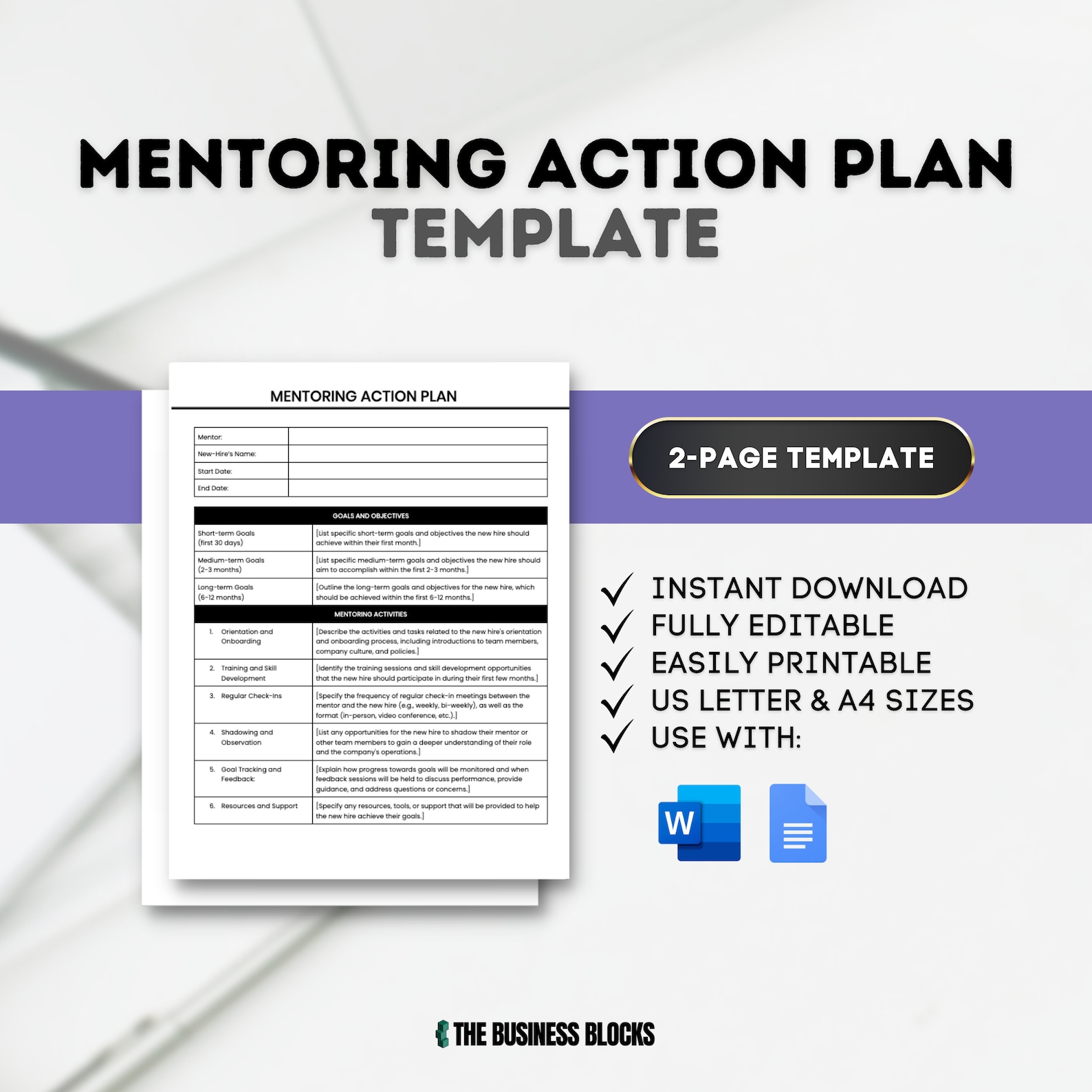 Mentoring Action Plan Template: Employee Onboarding (google Docs, MS Word) - Etsy