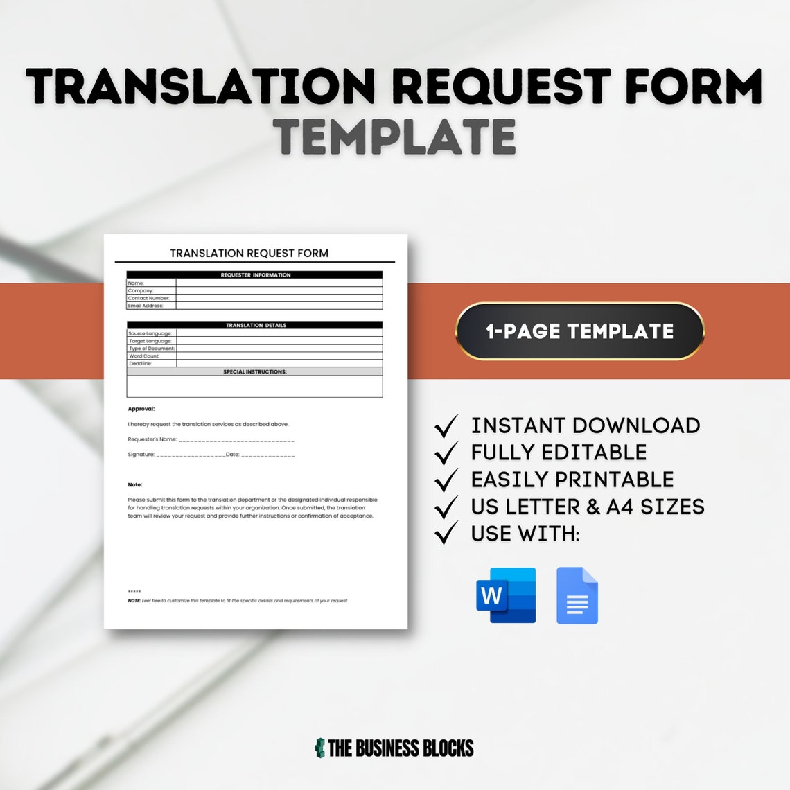 Translation Request Form Template: Editable Document (US Letter & A4 ...