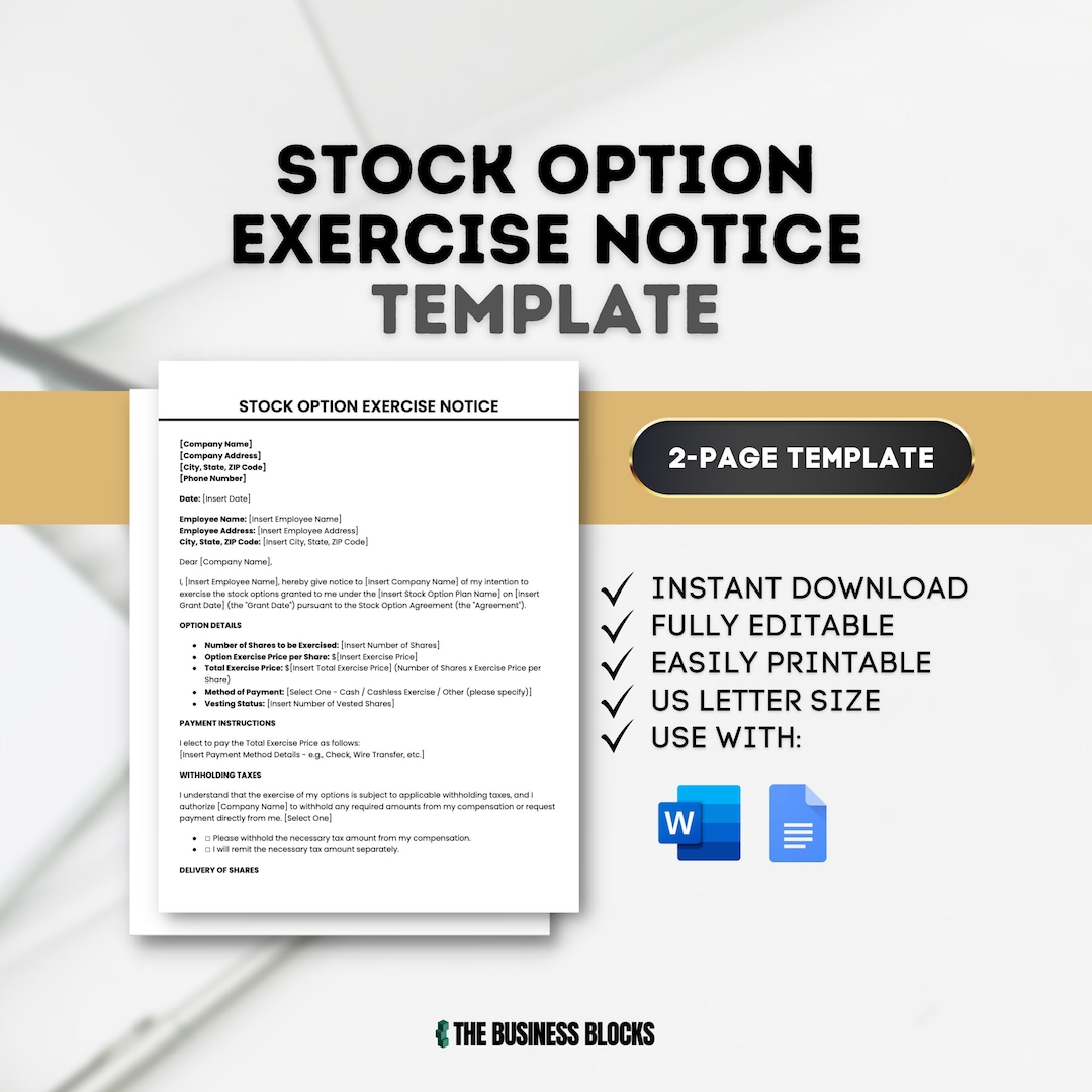 Stock Option Exercise Notice Template (google Docs, MS Word) - Etsy