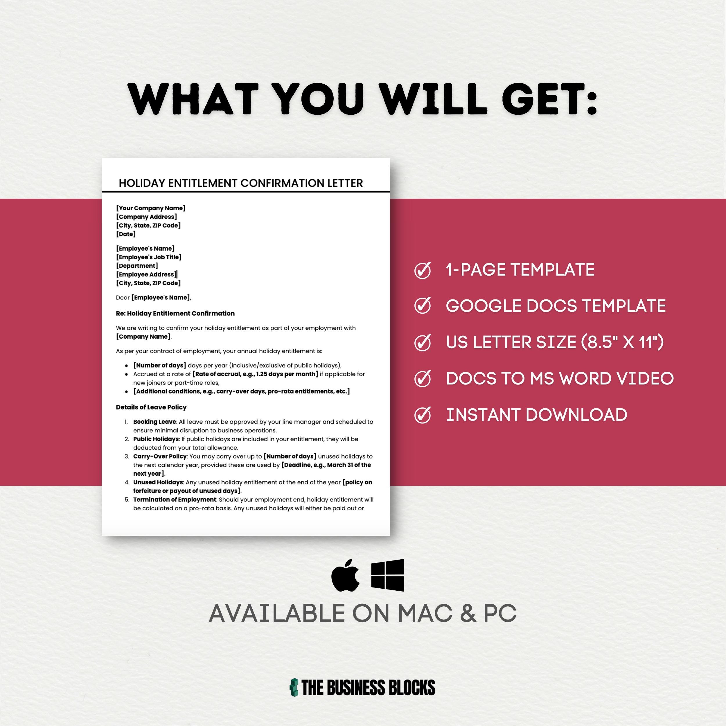 Holiday Entitlement Confirmation Letter Template (google Docs, MS Word ...
