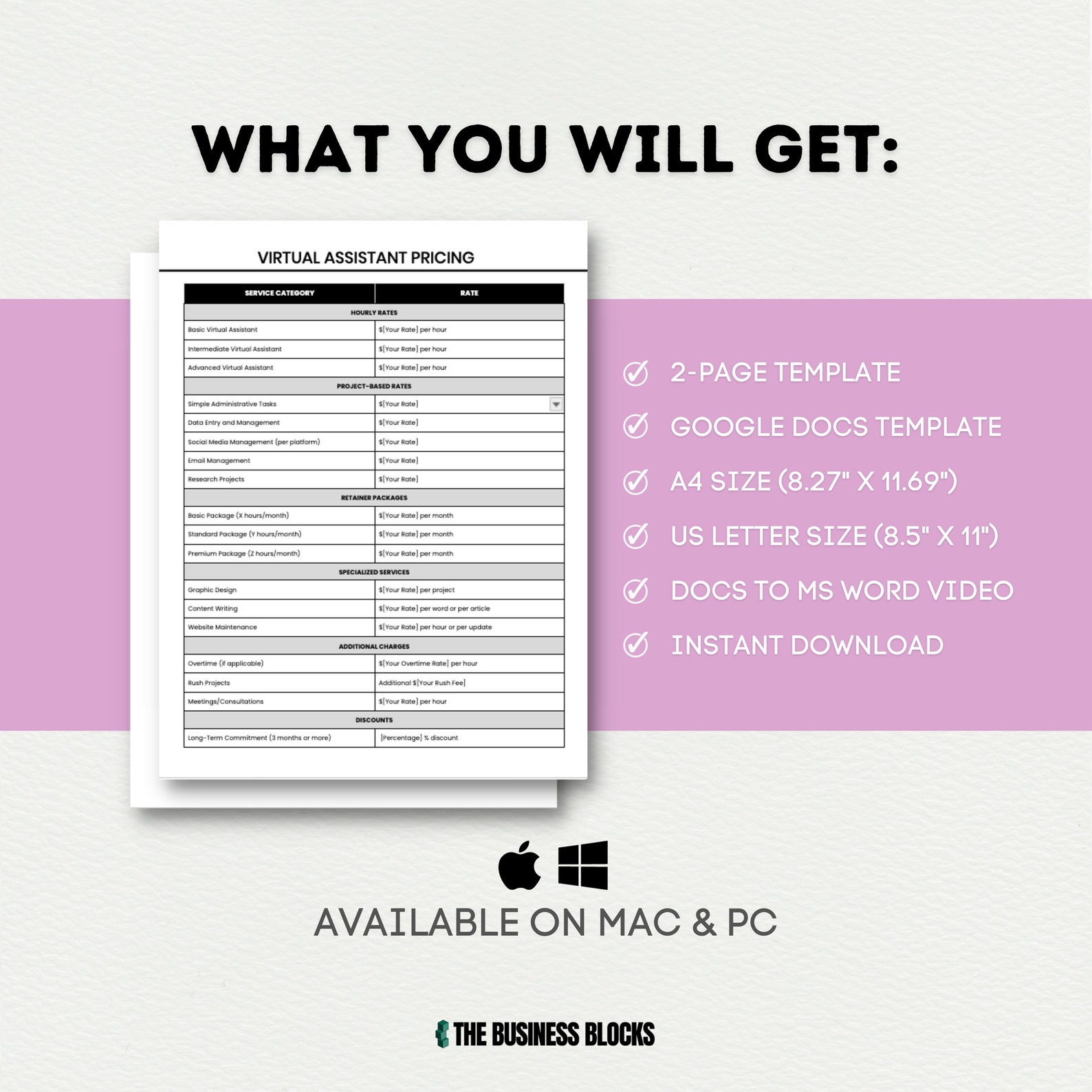 Virtual Assistant Pricing Template: VA Rate Sheet (2-page) - Etsy