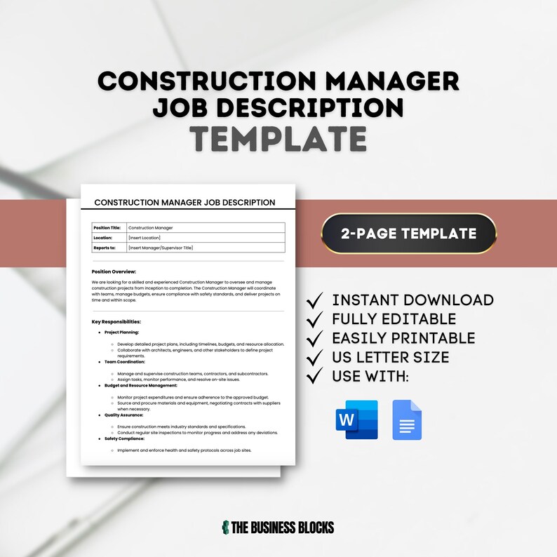 Construction Manager Job Description Template: Editable 2-page Document ...