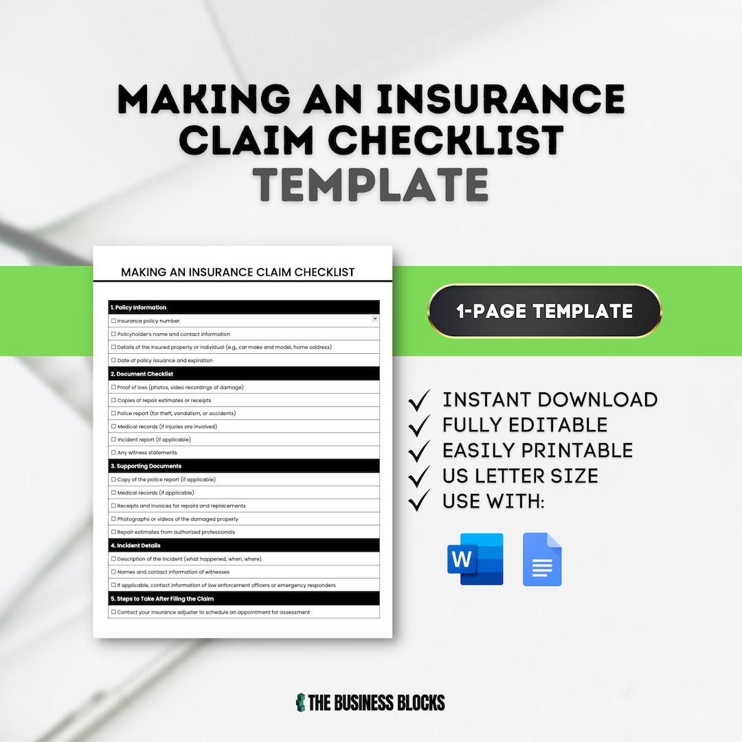 Insurance Claim Checklist Template: Claim Filing Guide (digital ...