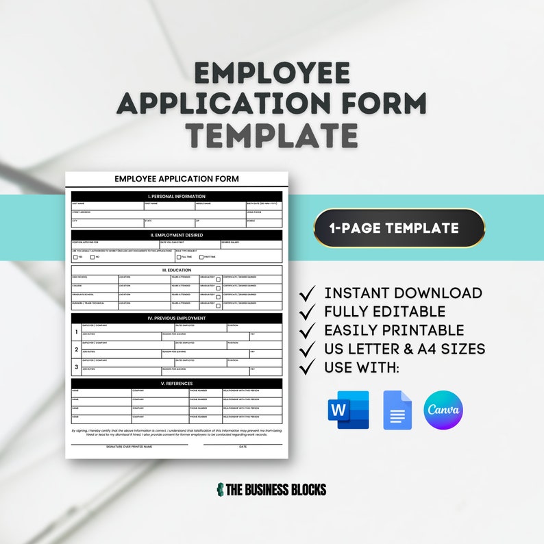 Editable Employee Application Form Template (A4 & US Letter) - Etsy