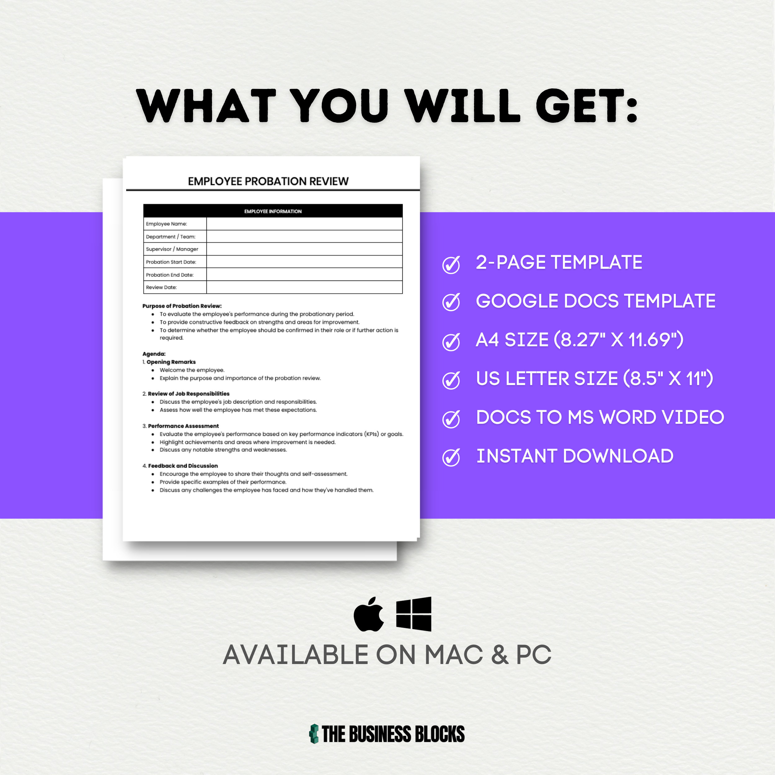 Employee Probation Review Template: HR Performance (google Docs, MS ...