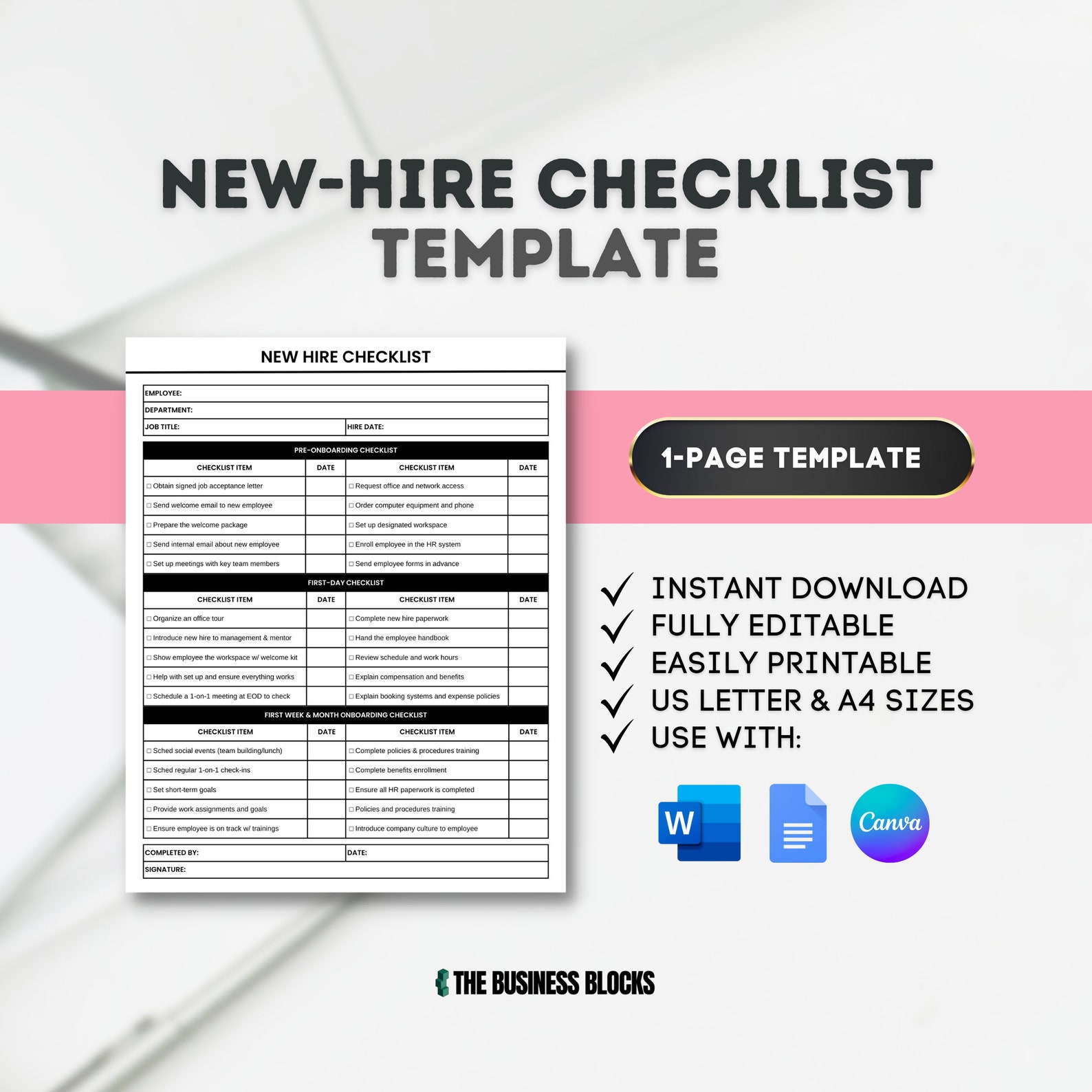 New Hire Checklist Template: Employee Onboarding HR (canva, Google Docs ...