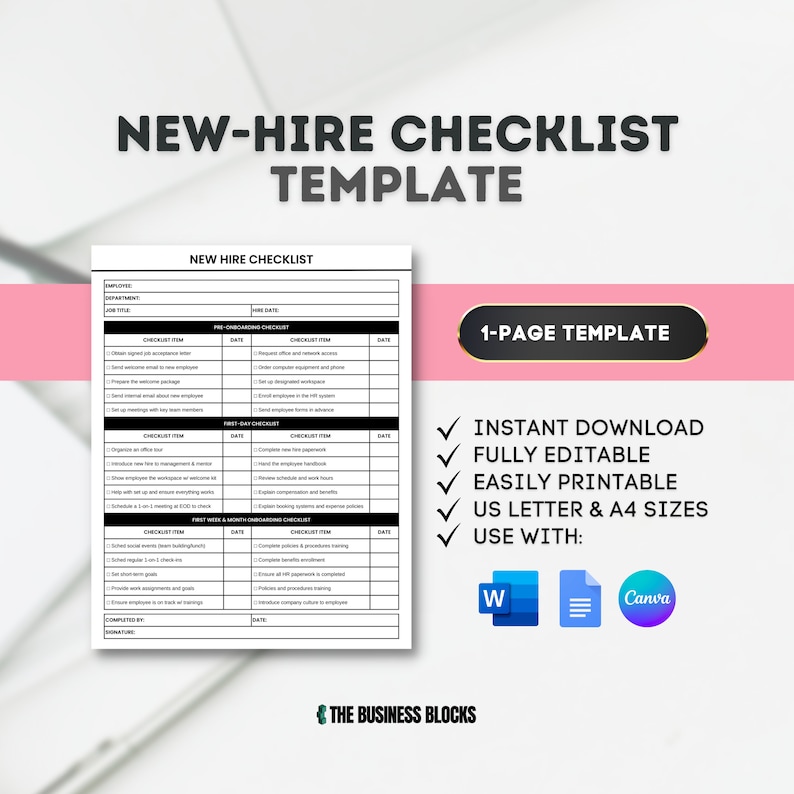 New Hire Checklist Template: Employee Onboarding HR (canva, Google Docs ...