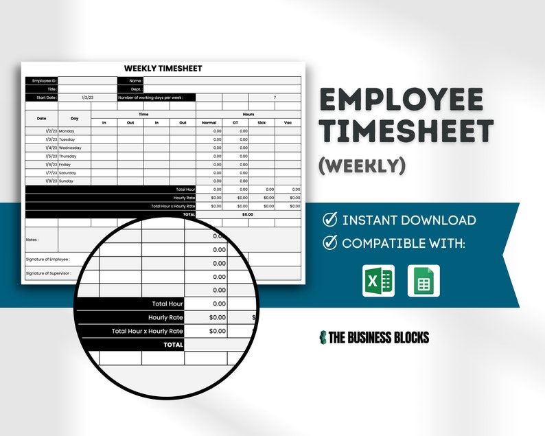 Employee Timesheet Template: Weekly Google Sheets & Excel (digital ...