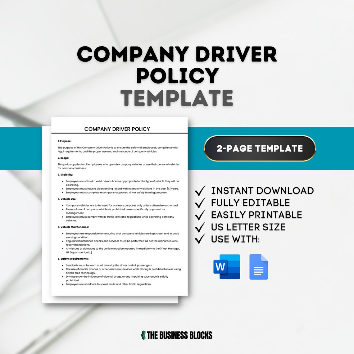 Company Driver Policy Template: Editable HR Document (google Docs, MS Word) - Etsy