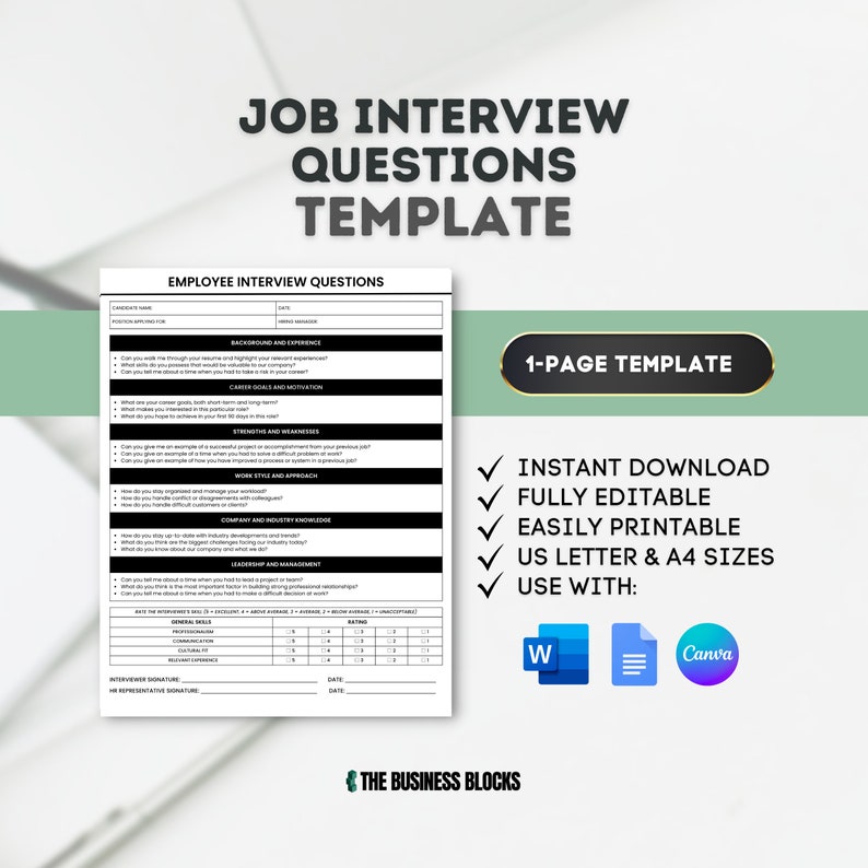 Job Interview Questions Template: Editable HR Guide (digital Download ...