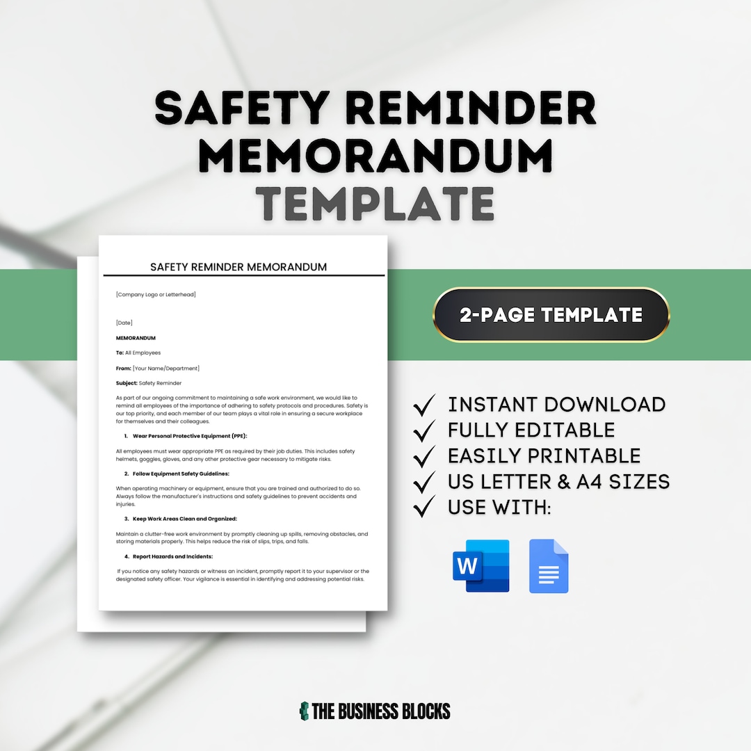 Safety Reminder Memo Template: Editable Workplace Form (digital ...