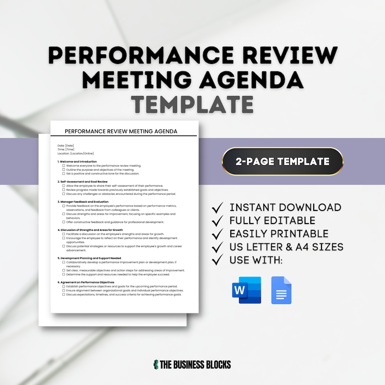 Performance Review Meeting Agenda Template (google Docs, MS Word) - Etsy