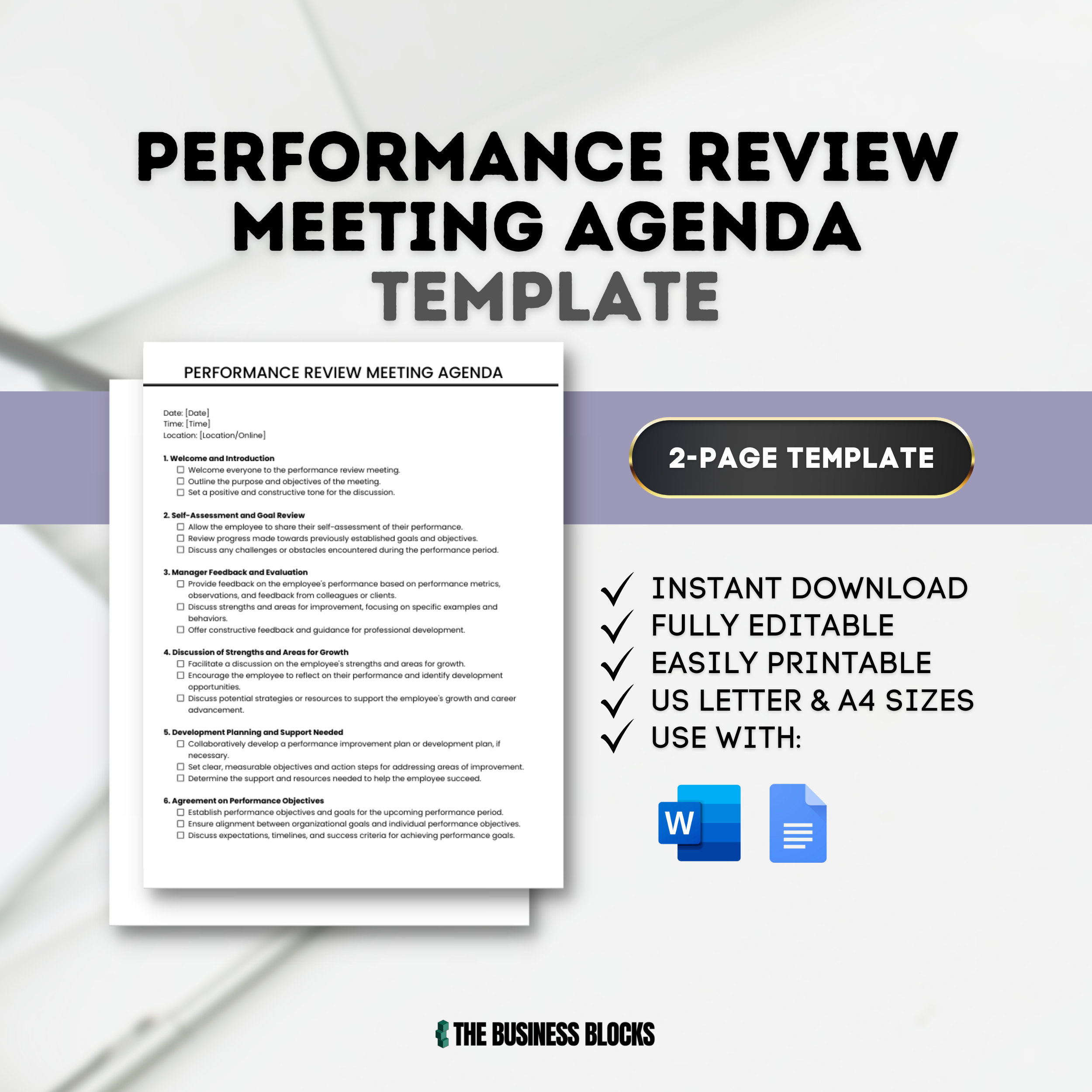 Performance Review Meeting Agenda Template (google Docs, MS Word) - Etsy