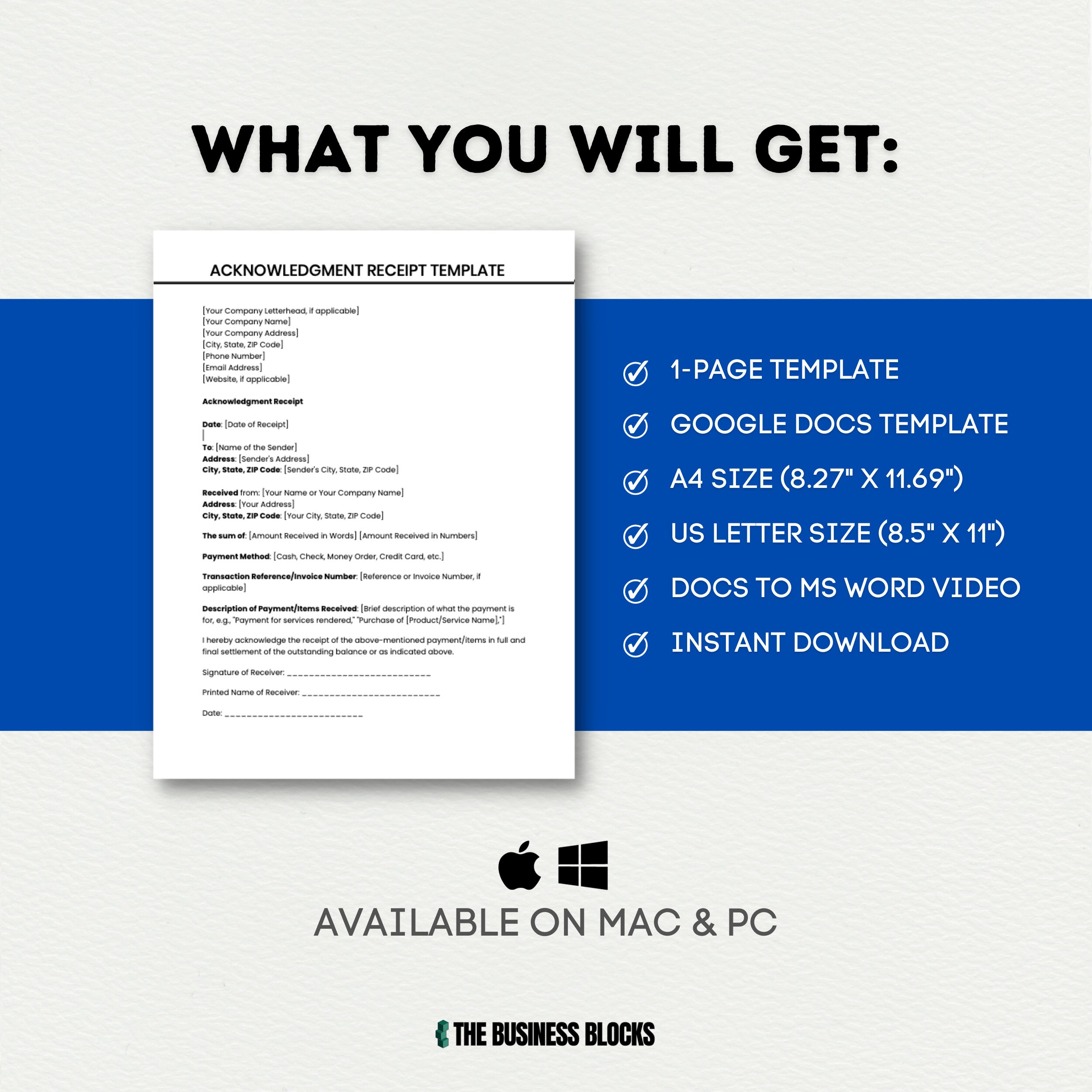 Acknowledgment Receipt Template: Small Business Sales, Instant Download ...